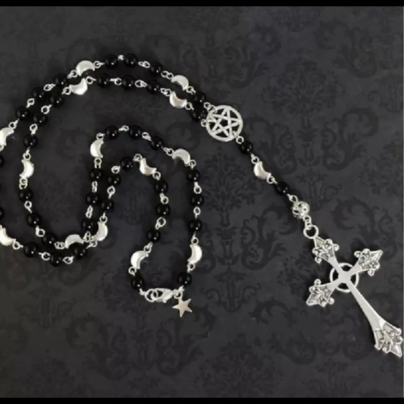 Jewelry | Black Rosary Pentagram Crescent Moon Star Cross Witch Witches ...